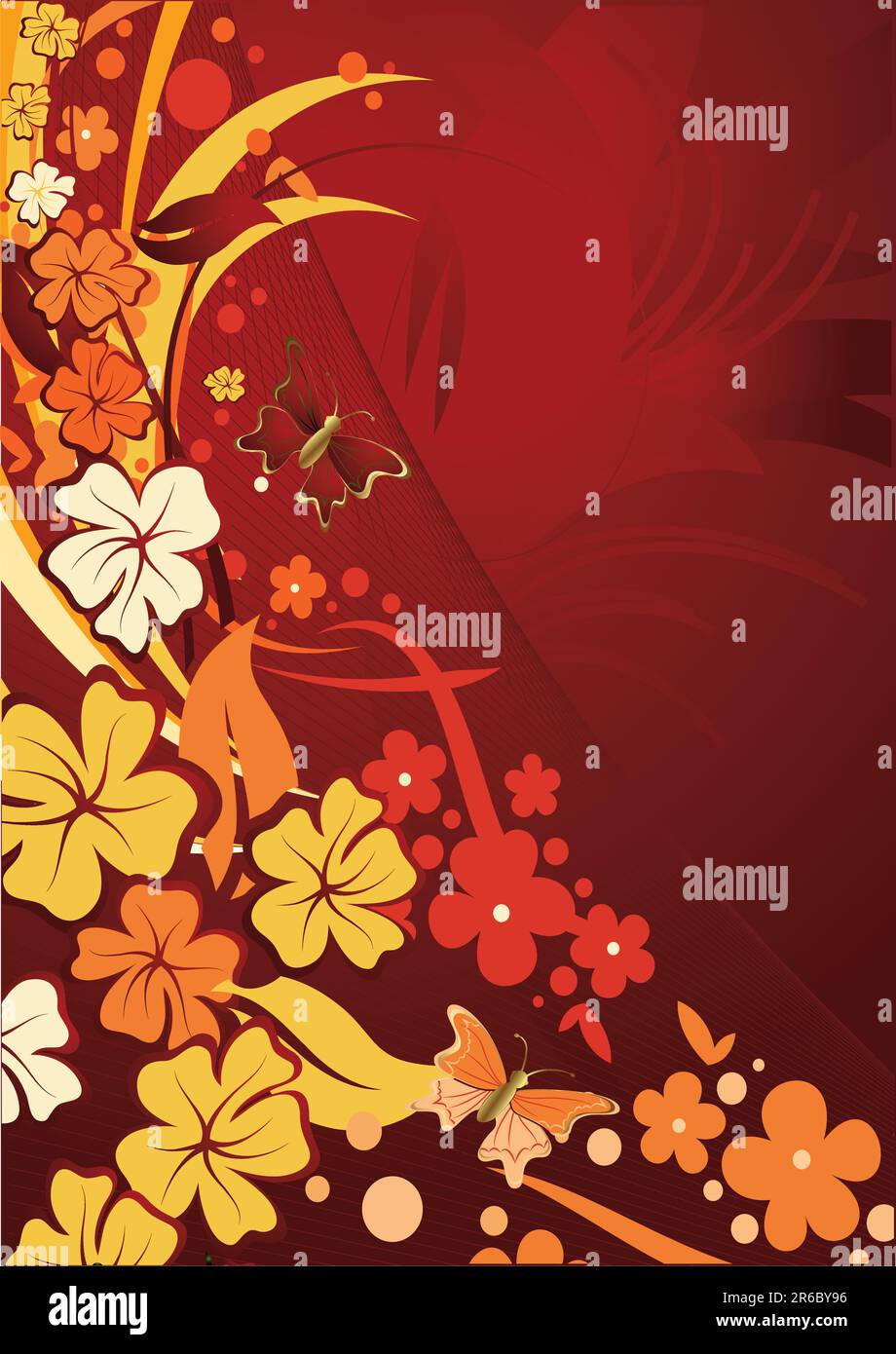 Flying butterflies round silhouettes of colours on a red background ...