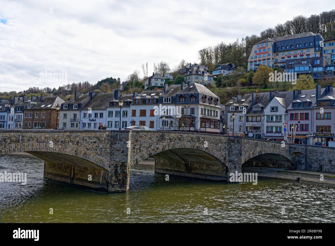 View stone bridge across river Semois in Bouillon in the Ardennes in ...