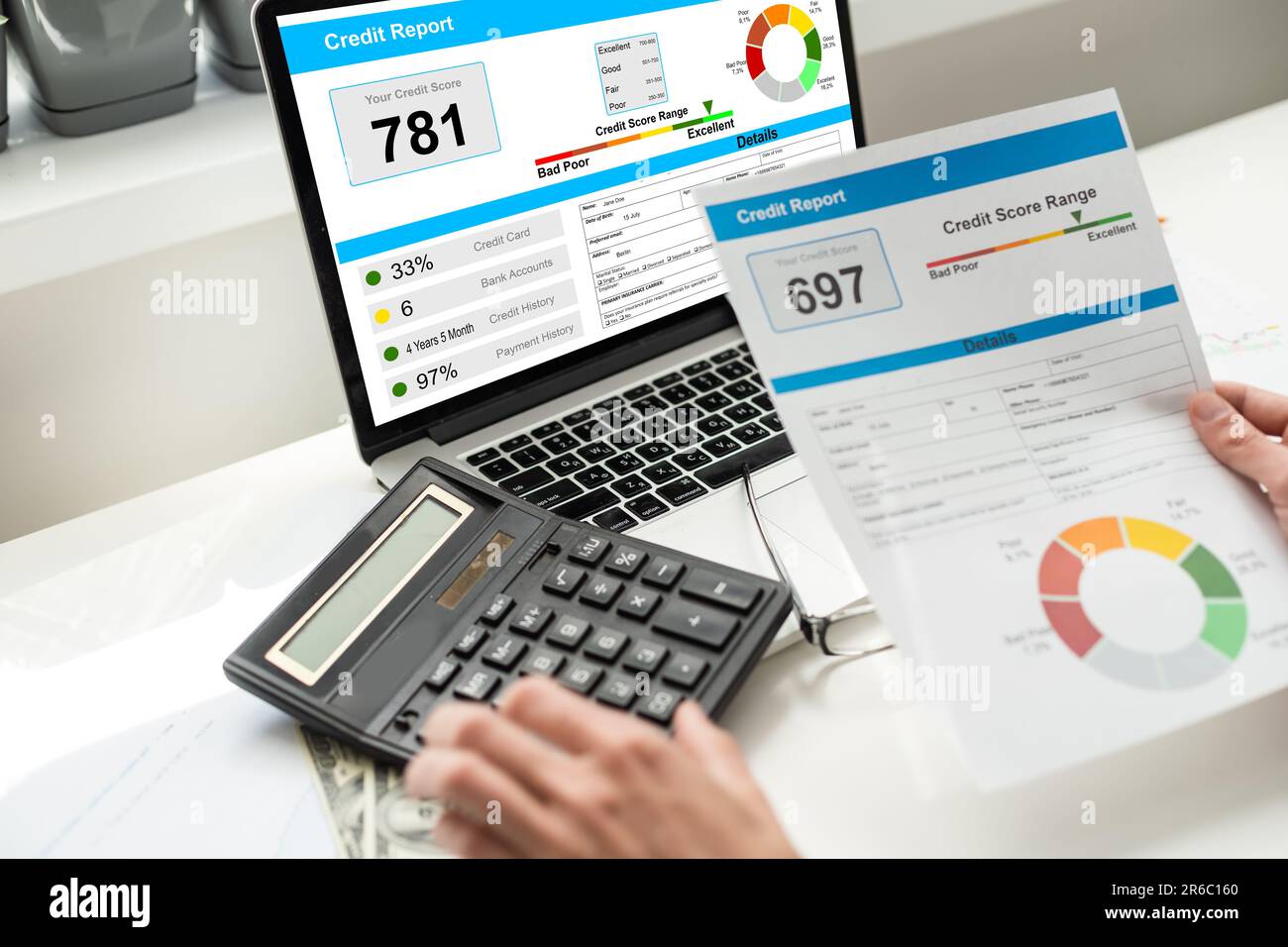 The man checks the credit report and how many credit points Stock Photo ...