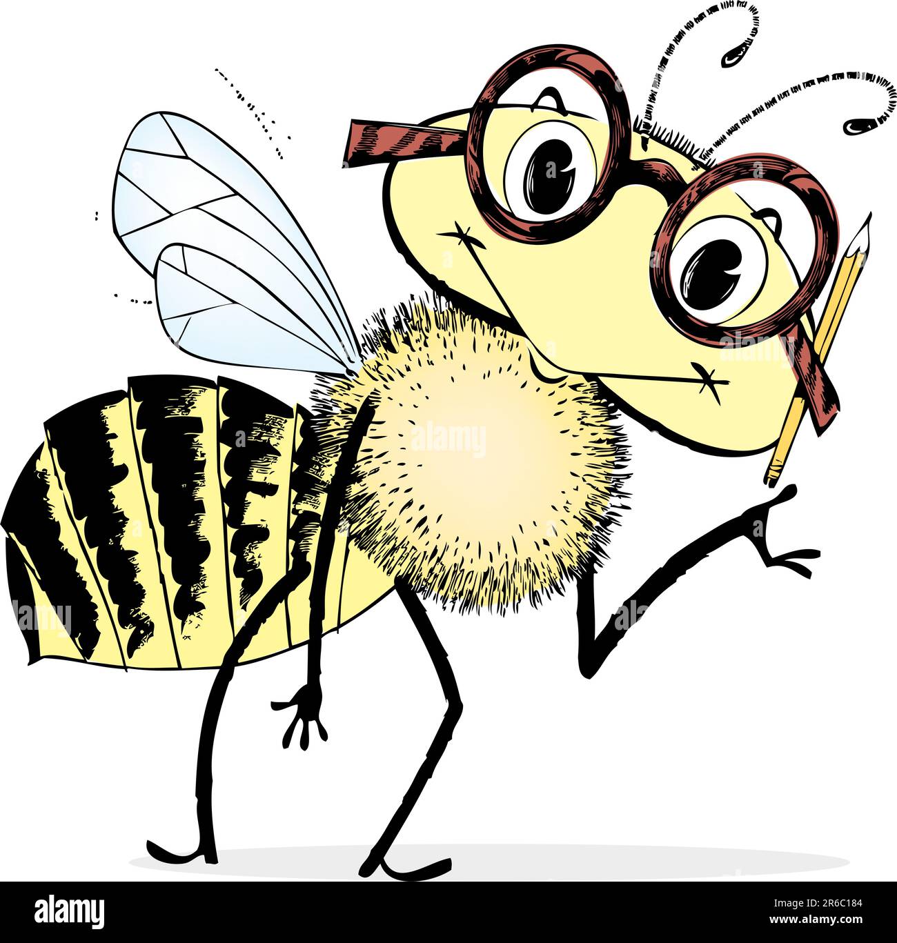 Cute and clever cartoon bee. Vintage 1950s detailed black and white ...
