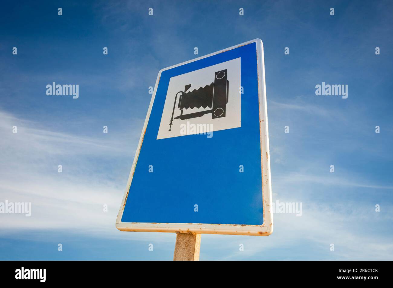 Photographic scenic viewpoint sign against a blue sky background Stock ...