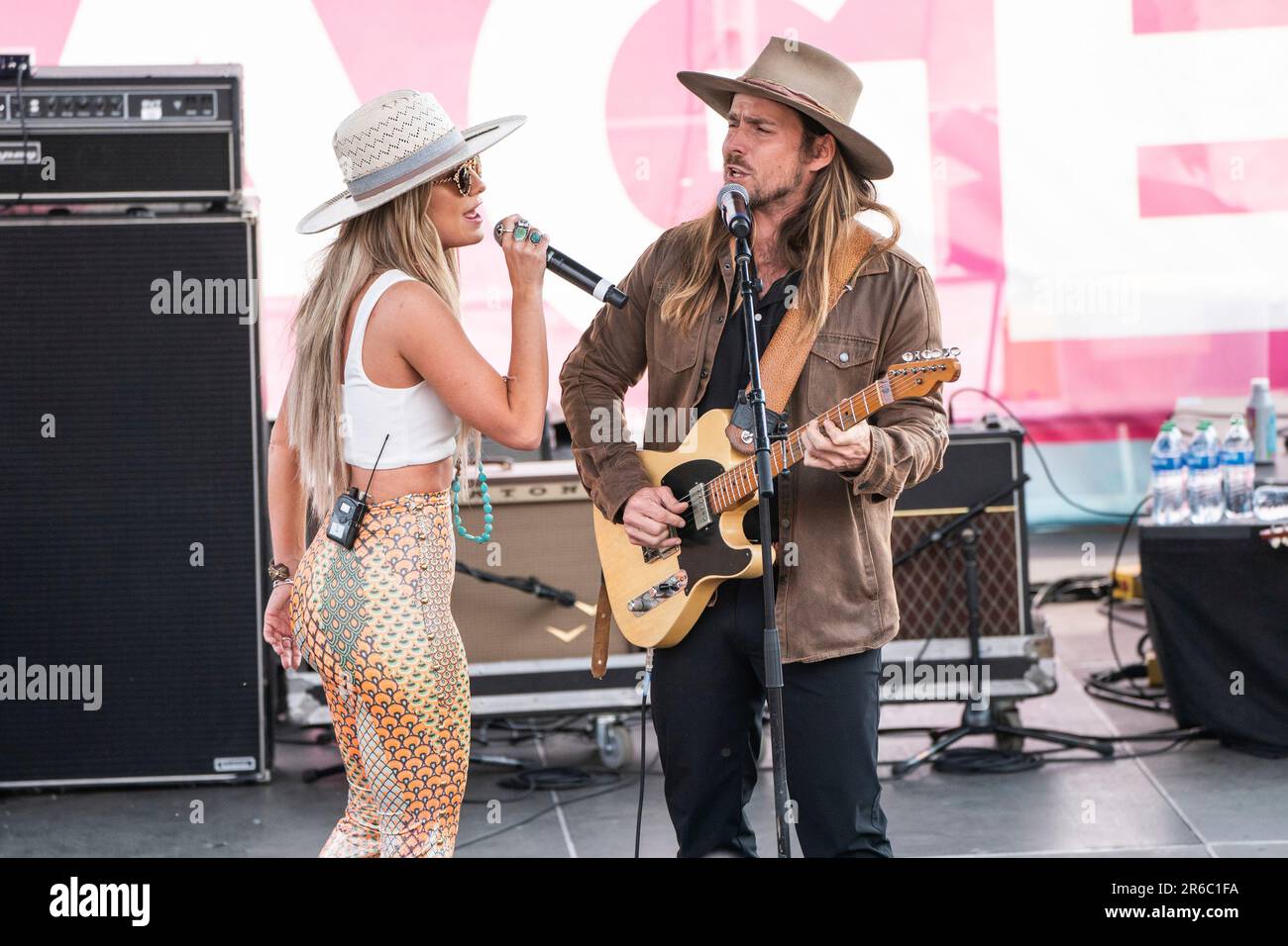 Lainey Wilson, left, and Lukas Nelson perform during the 2023 CMA Fest ...