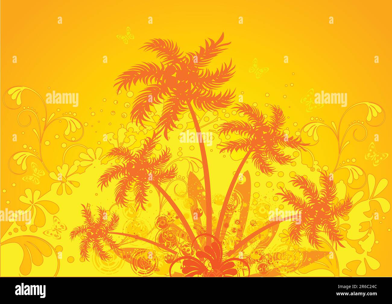 Vector illustration of summer composition, orange palm trees silhouette ...