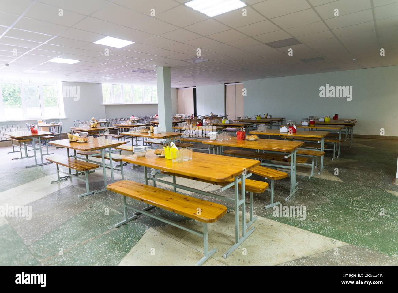 Chairs and tables. The dining hall in school is quarantined, isolation ...