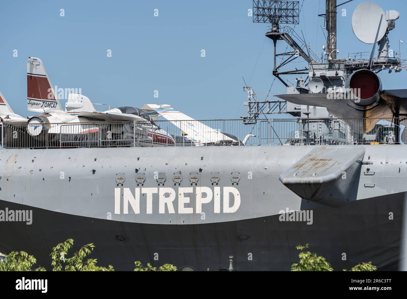 New York City, New York, USA – May 28, 2023: Aircraft carrier USS Intrepid docked in New York ...