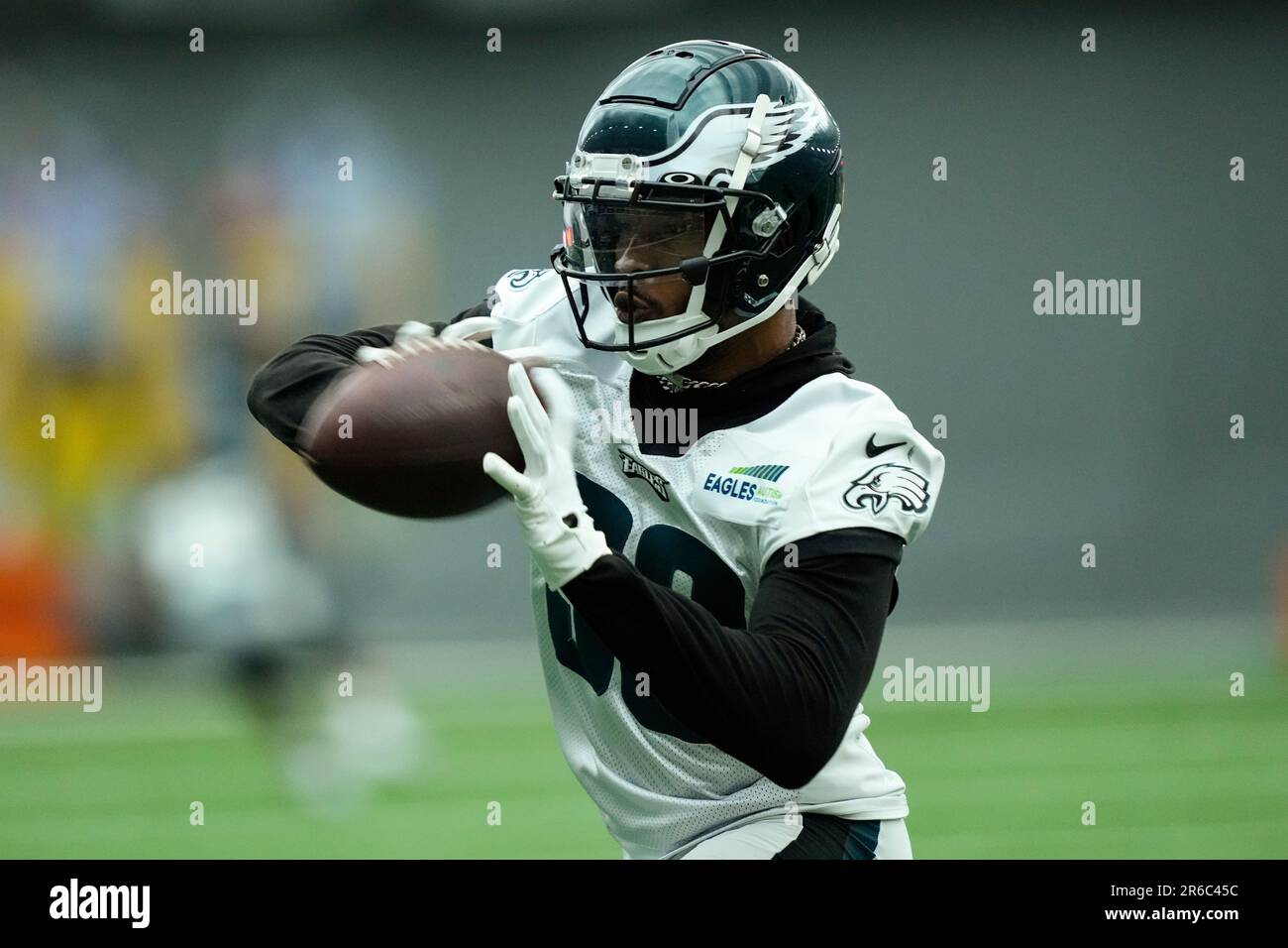 Philadelphia Eagles' Justin Evans catches a pass during practice at the ...