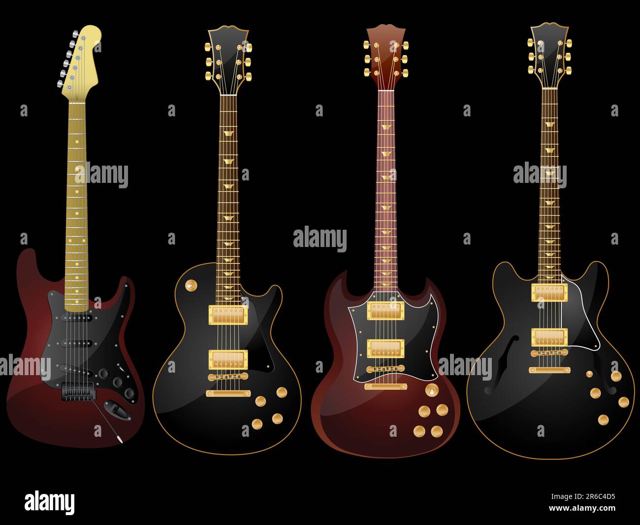 Vector isolated image of electric guitars on black background Stock ...