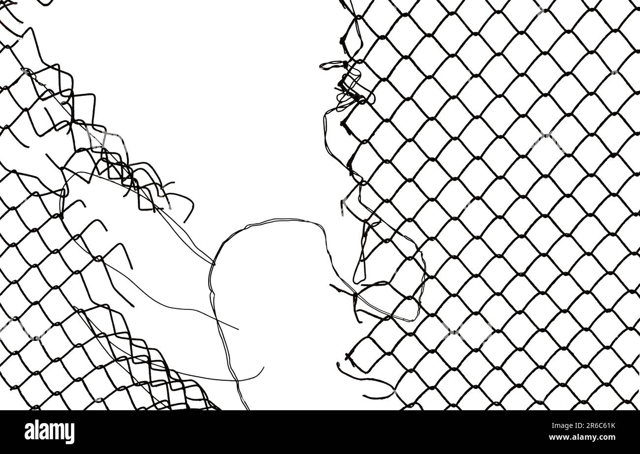 The texture of the metal mesh. Torn, destroyed, broken metal mesh on a ...