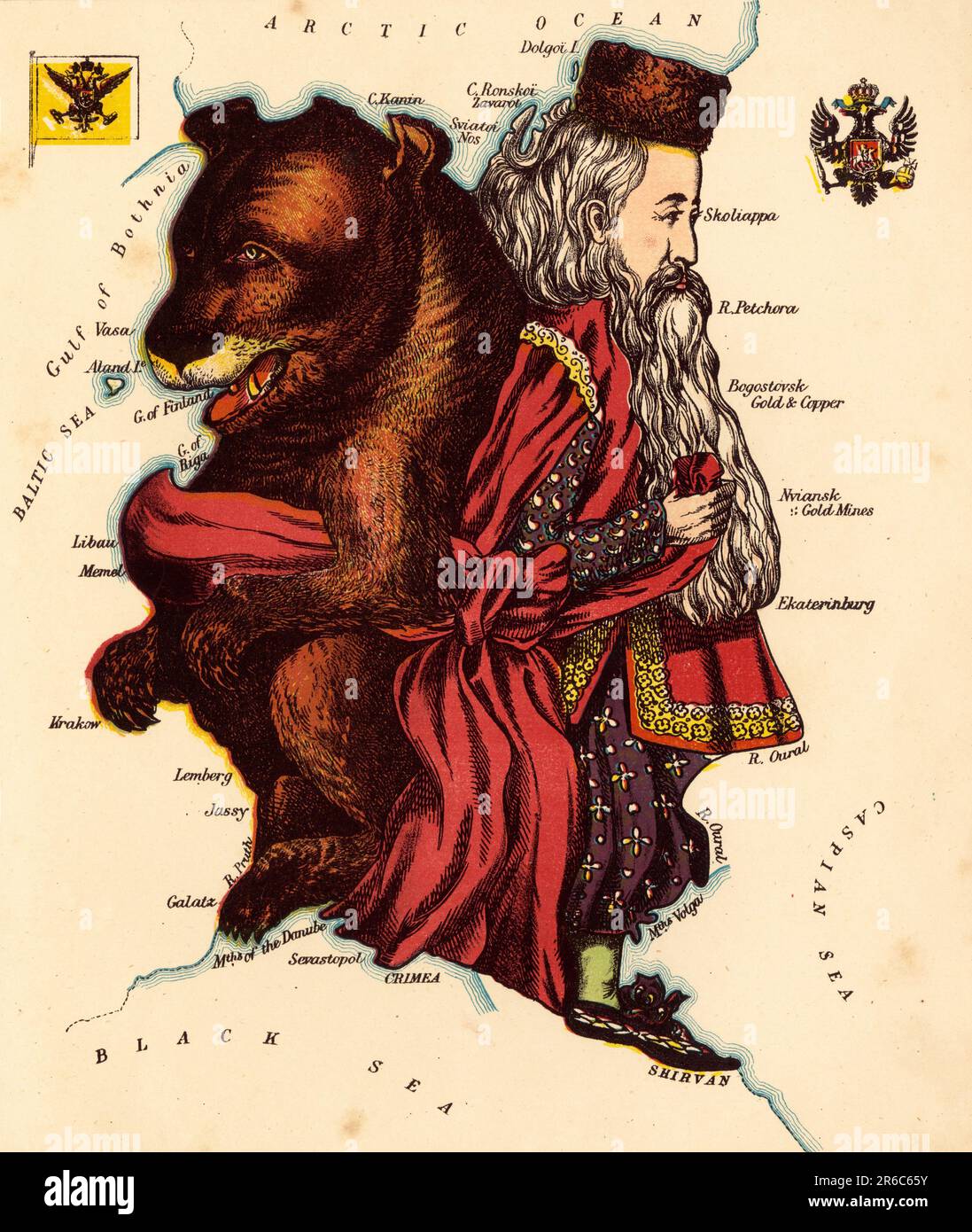 Personified map, circa 1880, Russia, depicted with a pope and a bear ...