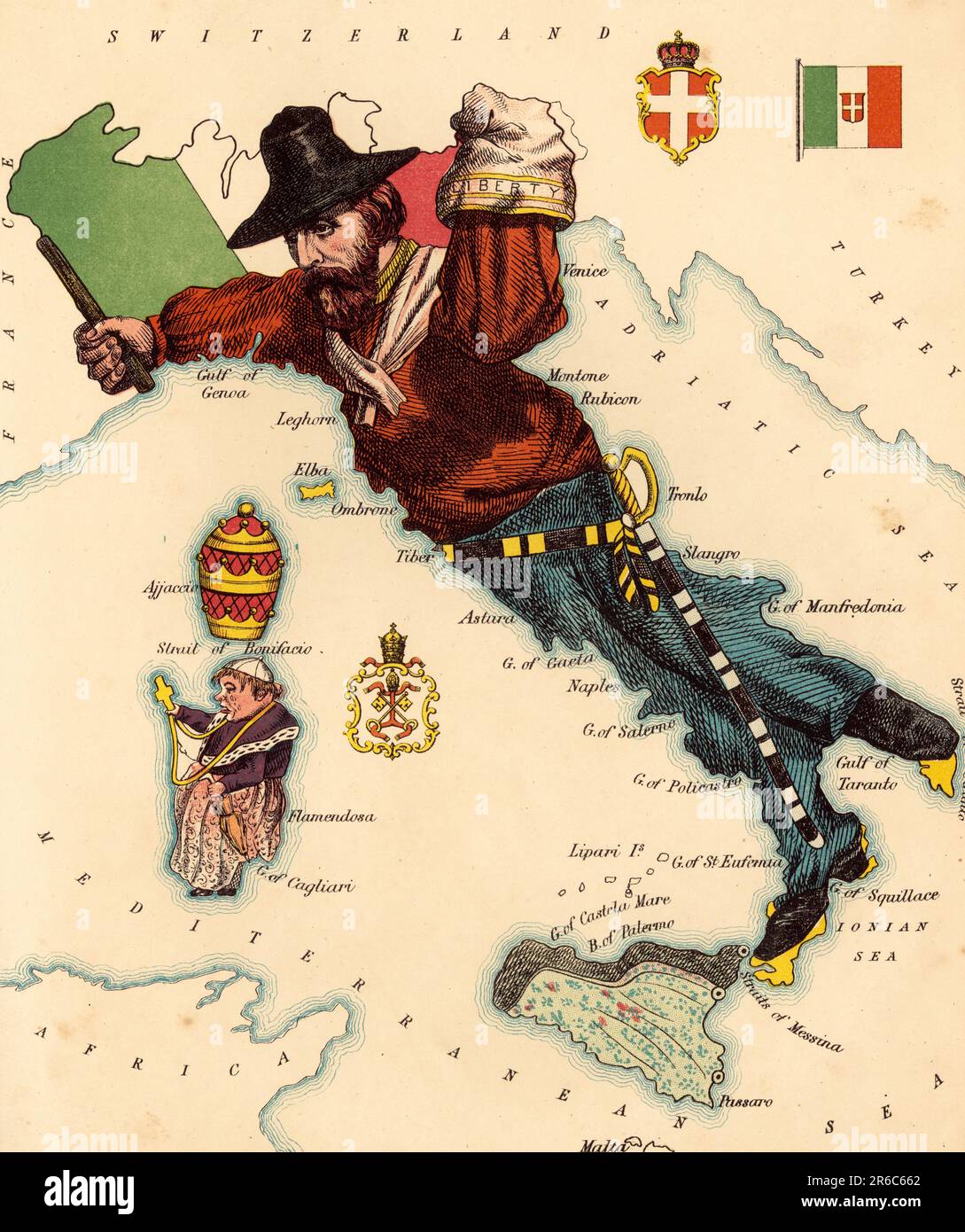Personified map, circa 1880, Italy depicted with an Italian soldier ...