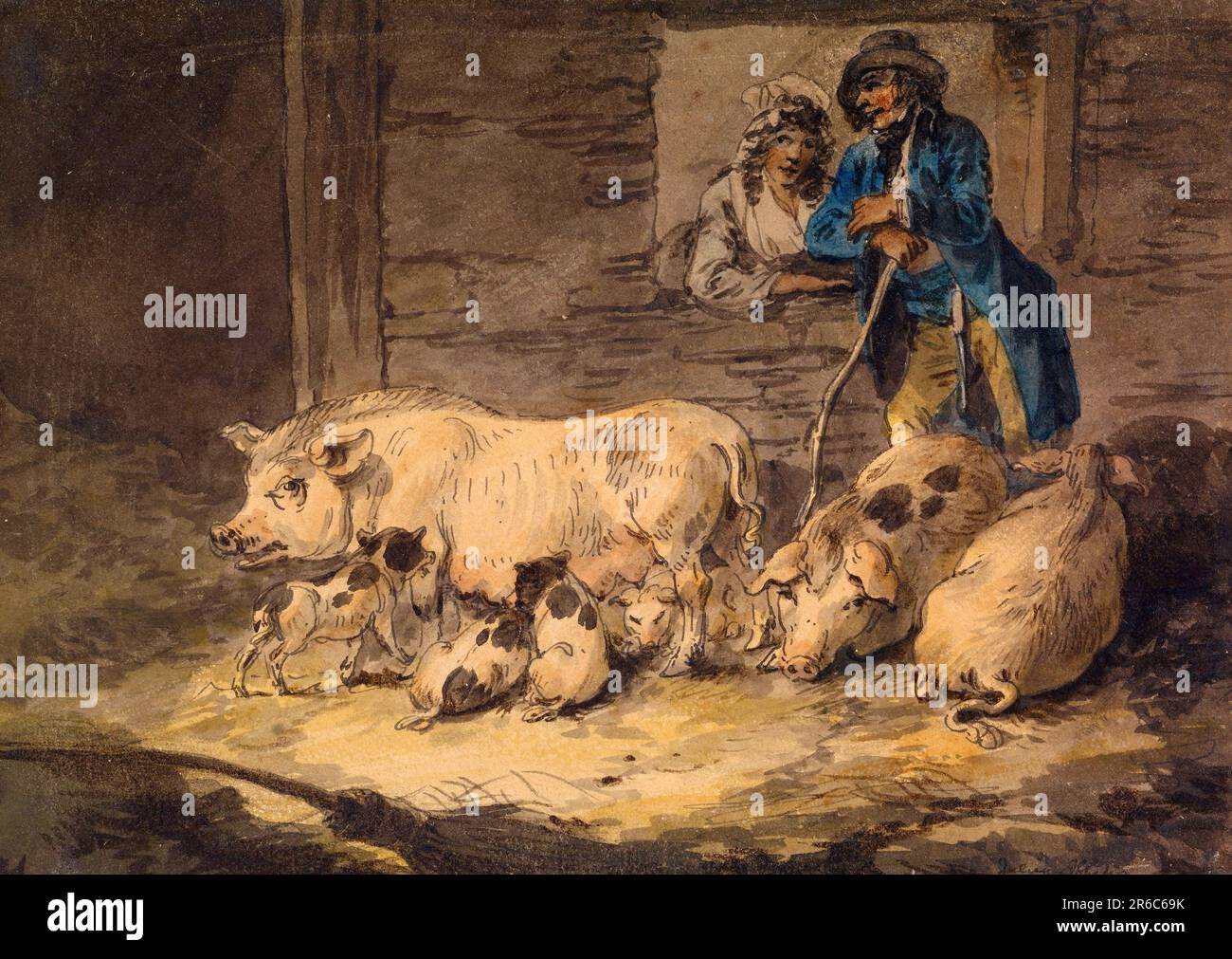Pigs and mother sow with her litter, piglets, farmer and wife, 1790 ...