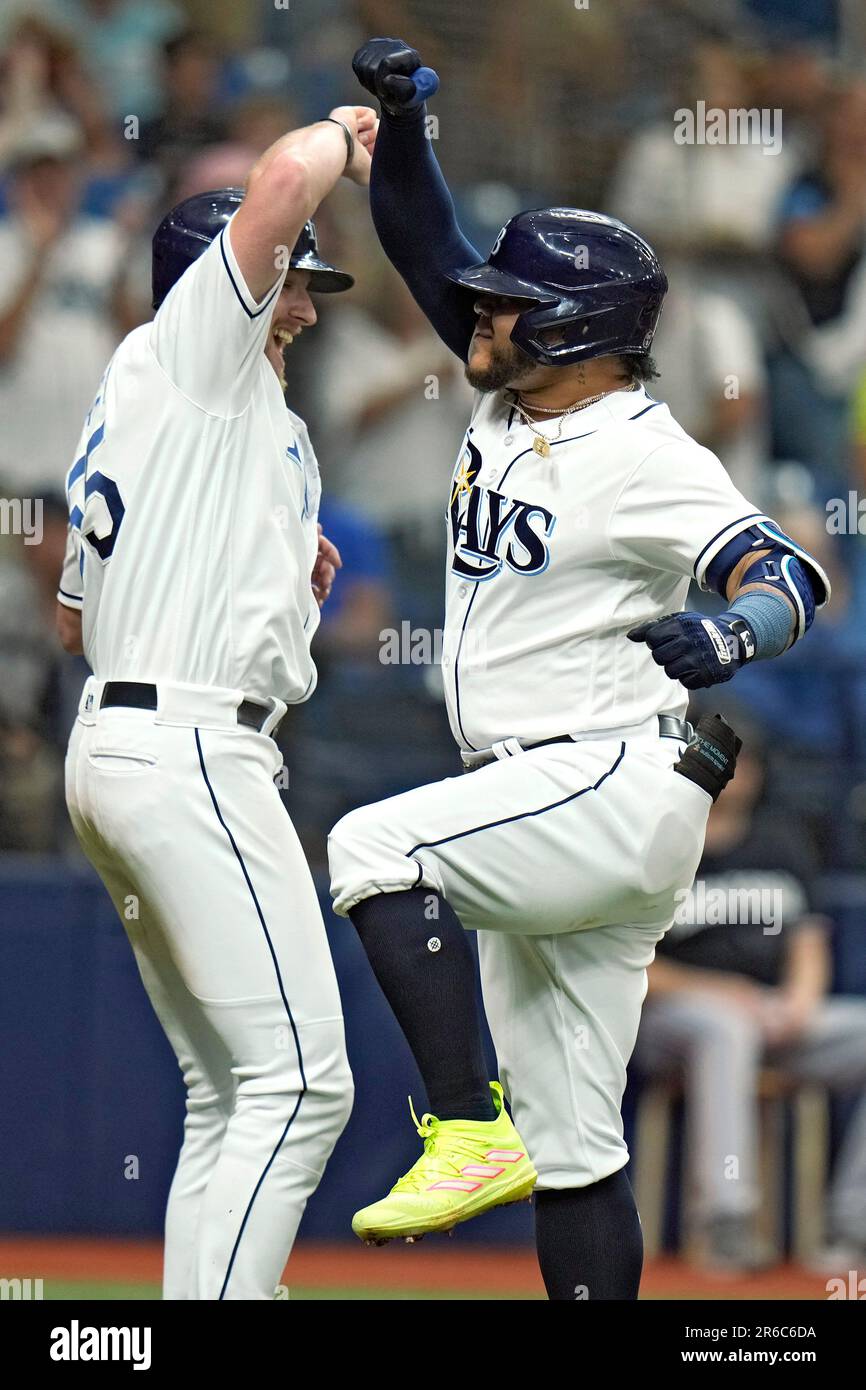 Tampa Bay Rays' Harold Ramirez, right, celebrates his two-run home run ...