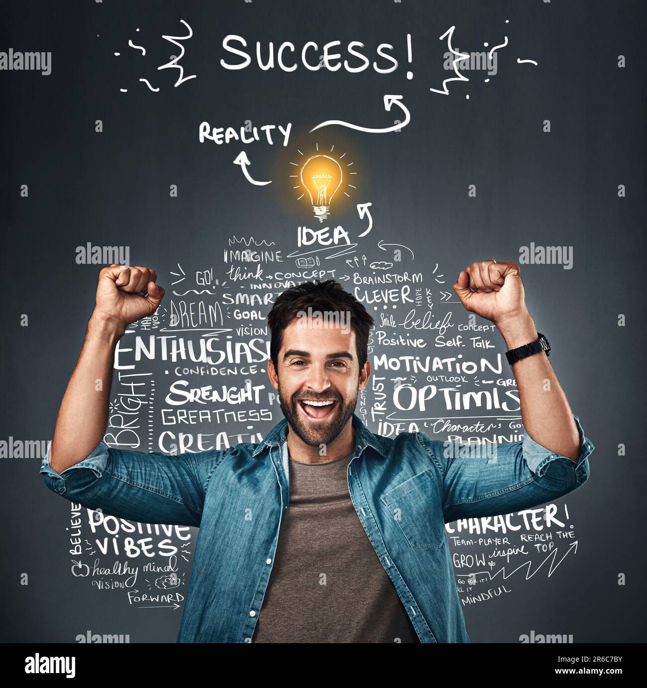 Light bulb, success or happy man in celebration of ideas text or goals ...