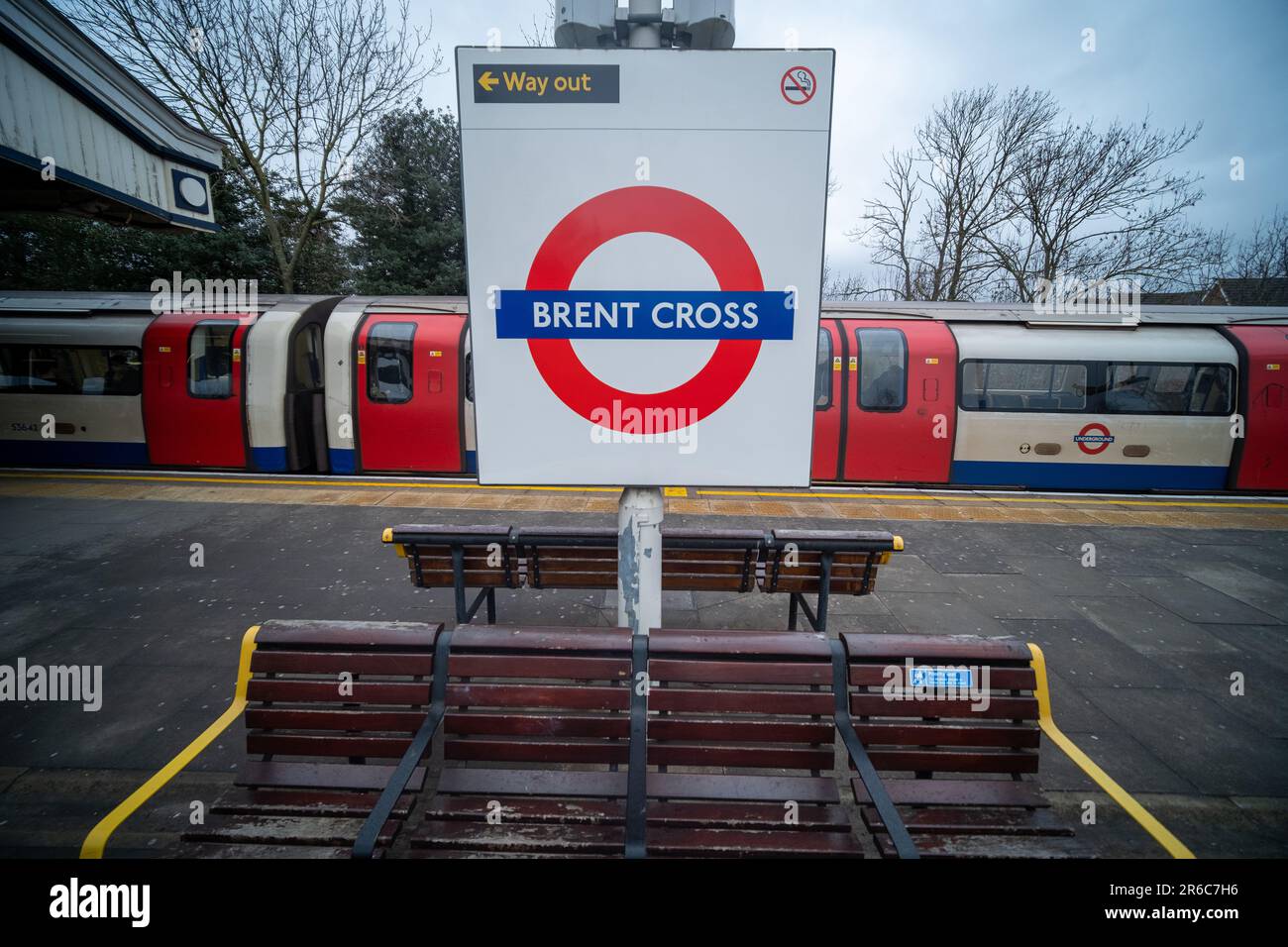 LONDON- MARCH, 2023: Brent Cross Underground logo on platform, Northern ...