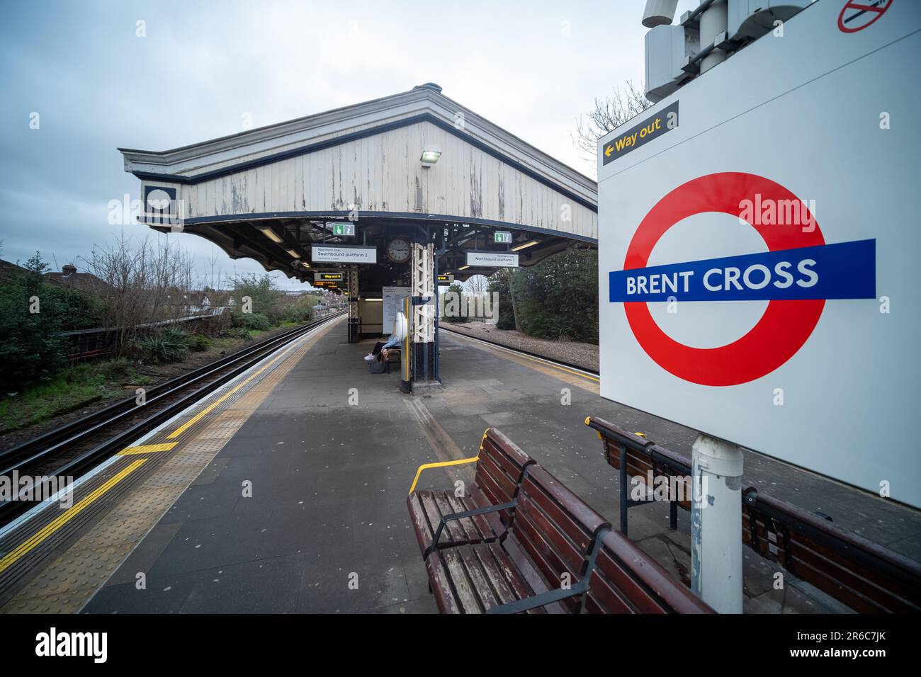 LONDON- MARCH, 2023: Brent Cross Underground logo on platform, Northern ...