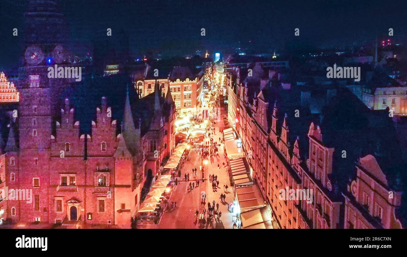 Aerial view on Old Market Square in Wroclaw in night time - aerial view ...