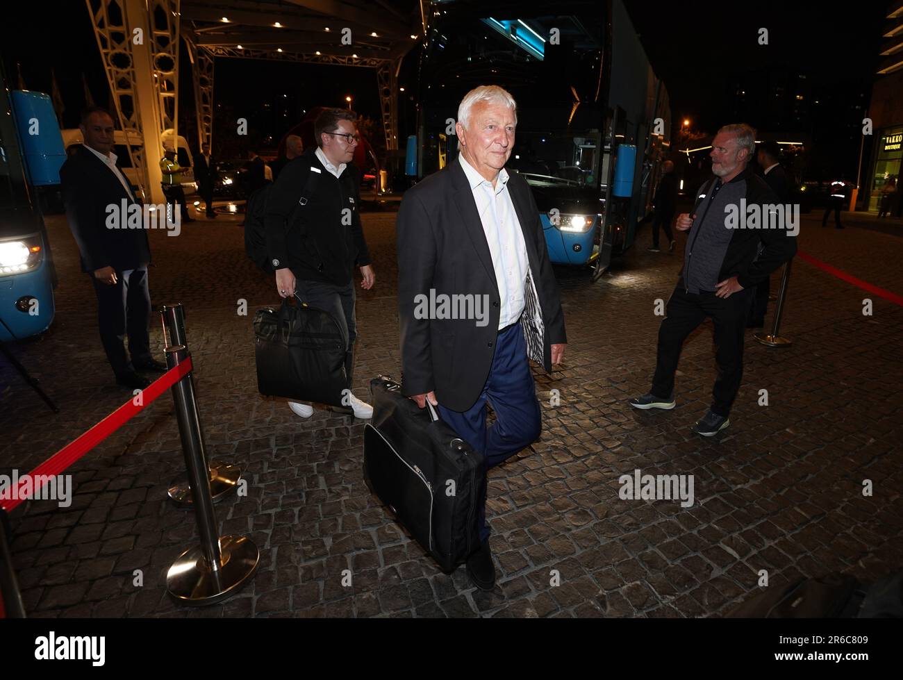 Former Manchester City player Mike Summerbee arrives at the team hotel ...