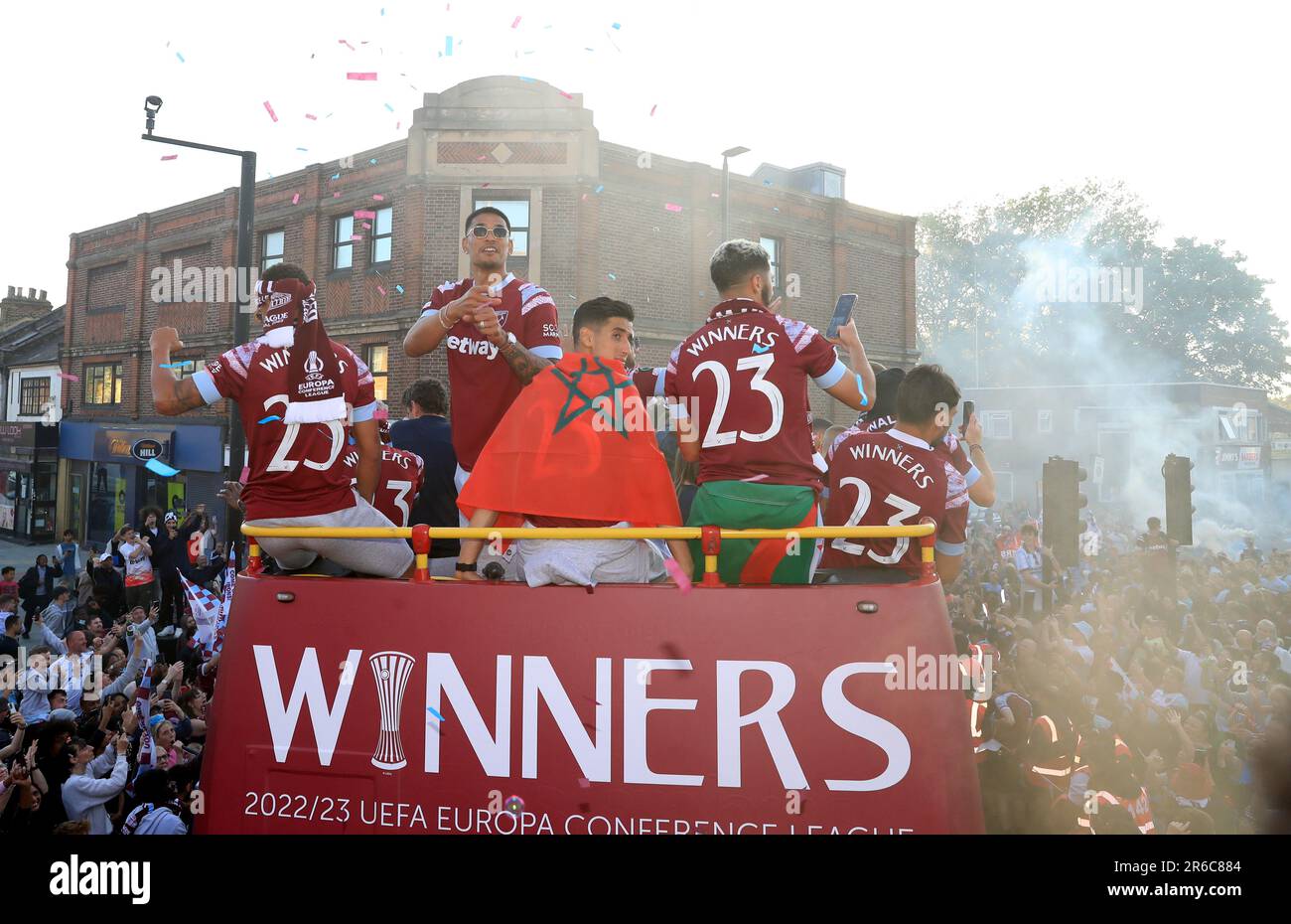 West Ham United players during a parade through Stratford, London ...