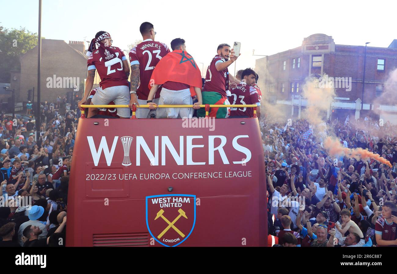 West Ham United players during a parade through Stratford, London ...