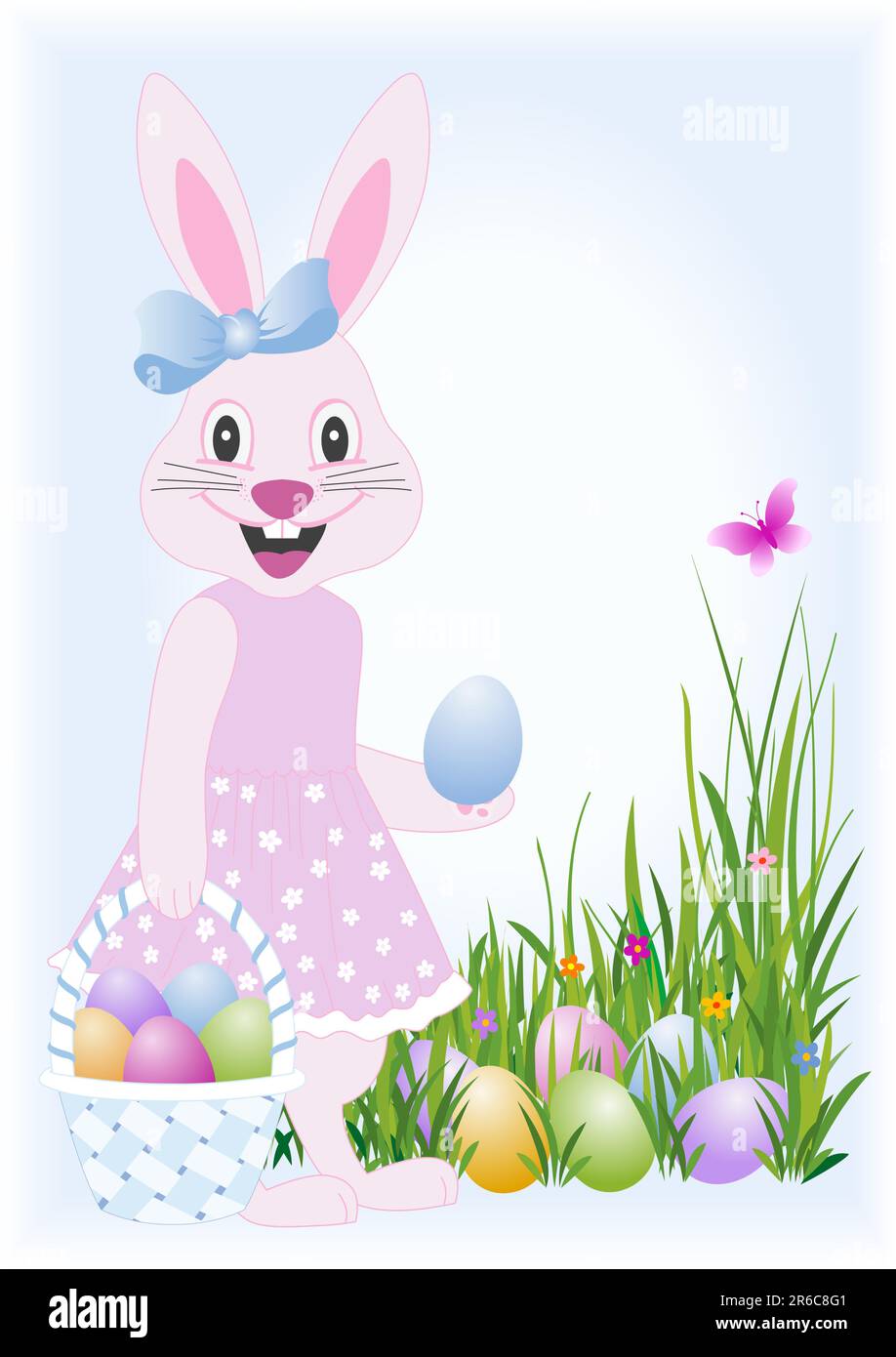 Laughing Easter female bunny in the grass with basket and eggs Stock ...