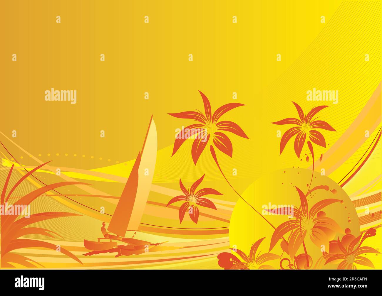 Palm tree and plants against the sun and the yacht floating on waves ...