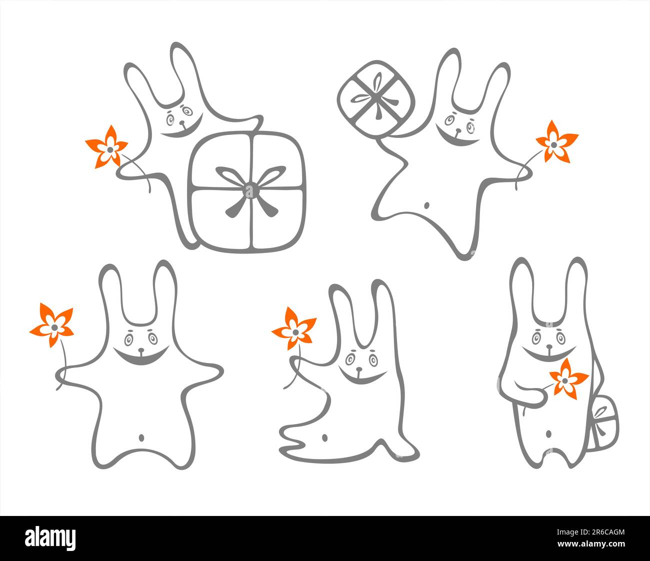 Five stylized happy rabbits on a white background. Holiday illustration ...