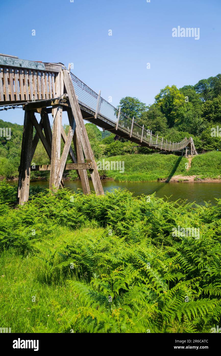 Biblin Bridge, Herefordshire, a wire suspension bridge over the River ...