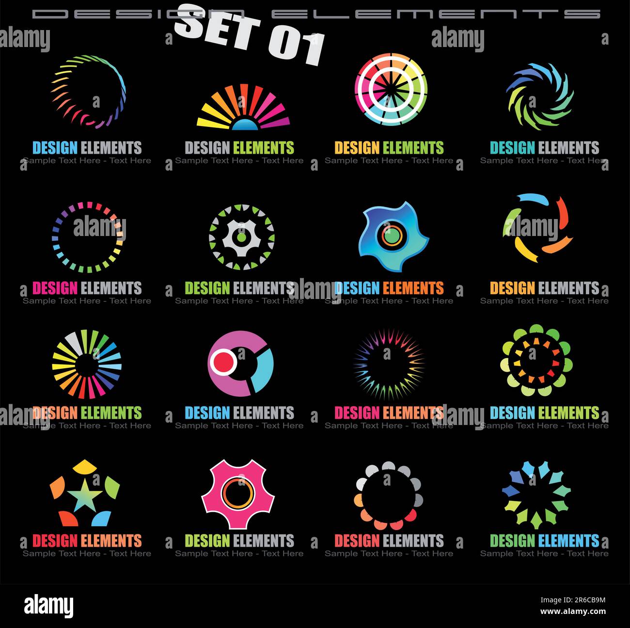 Collection of 16 colorful Design elements - Set 1 on Black Stock Vector ...