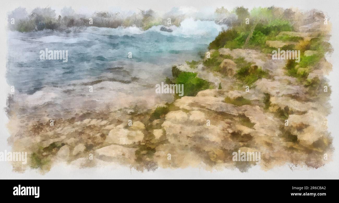An Illustration of a white water river and rocky side with plants Stock ...