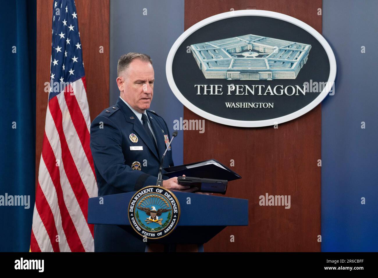 Pentagon spokesman U.S. Air Force Brig. Gen. Patrick Ryder arrives for a media briefing at the ...