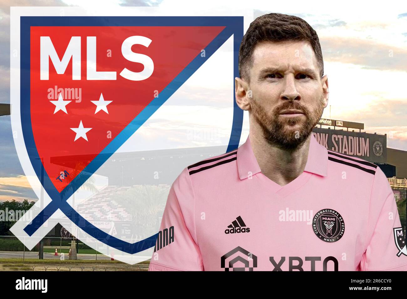 Lionel Messi with the Inter Miami shirt, the MLS shield and the stadium ...