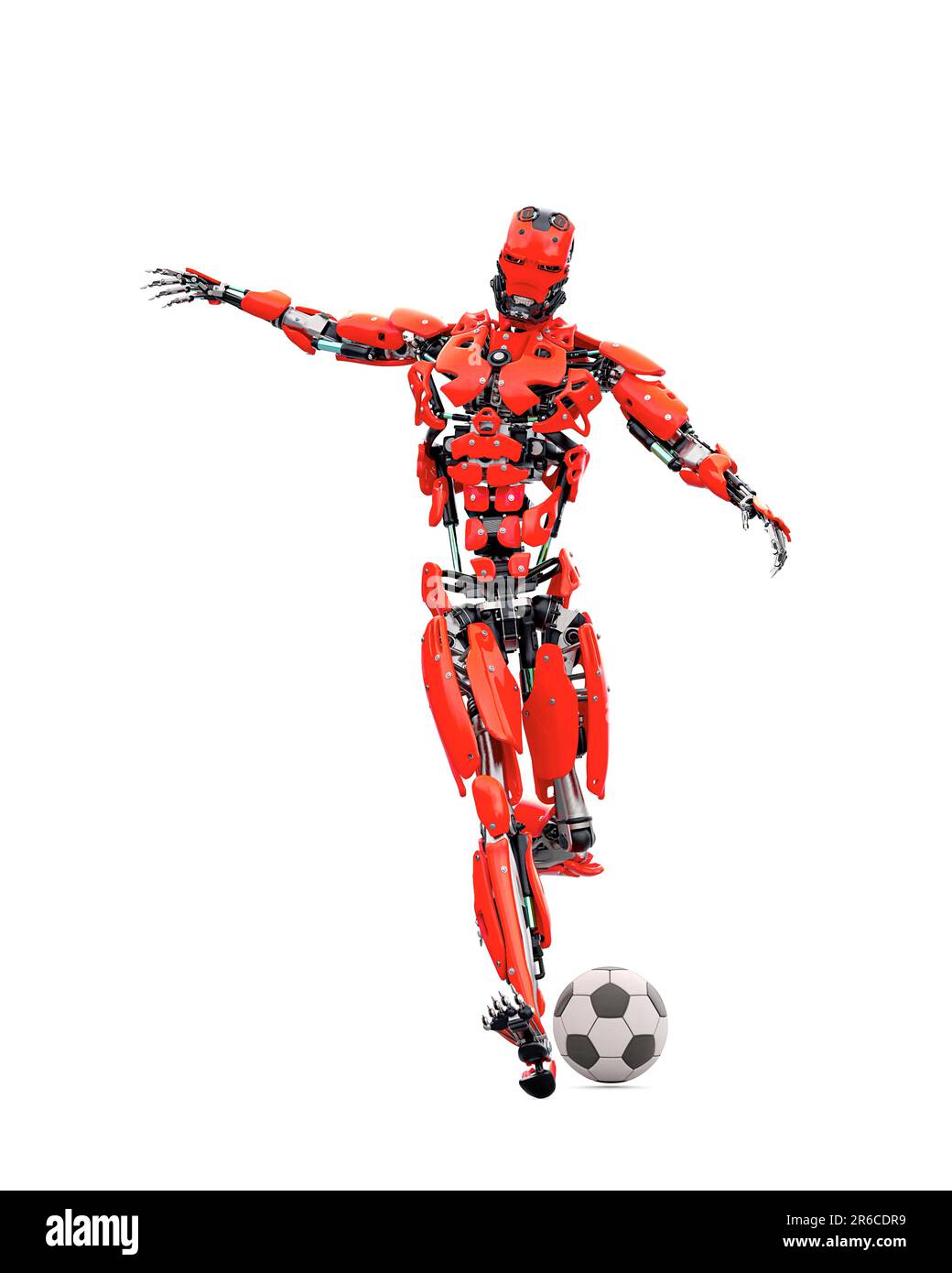 master cyber robot is kicking the football ball, 3d illustration Stock ...