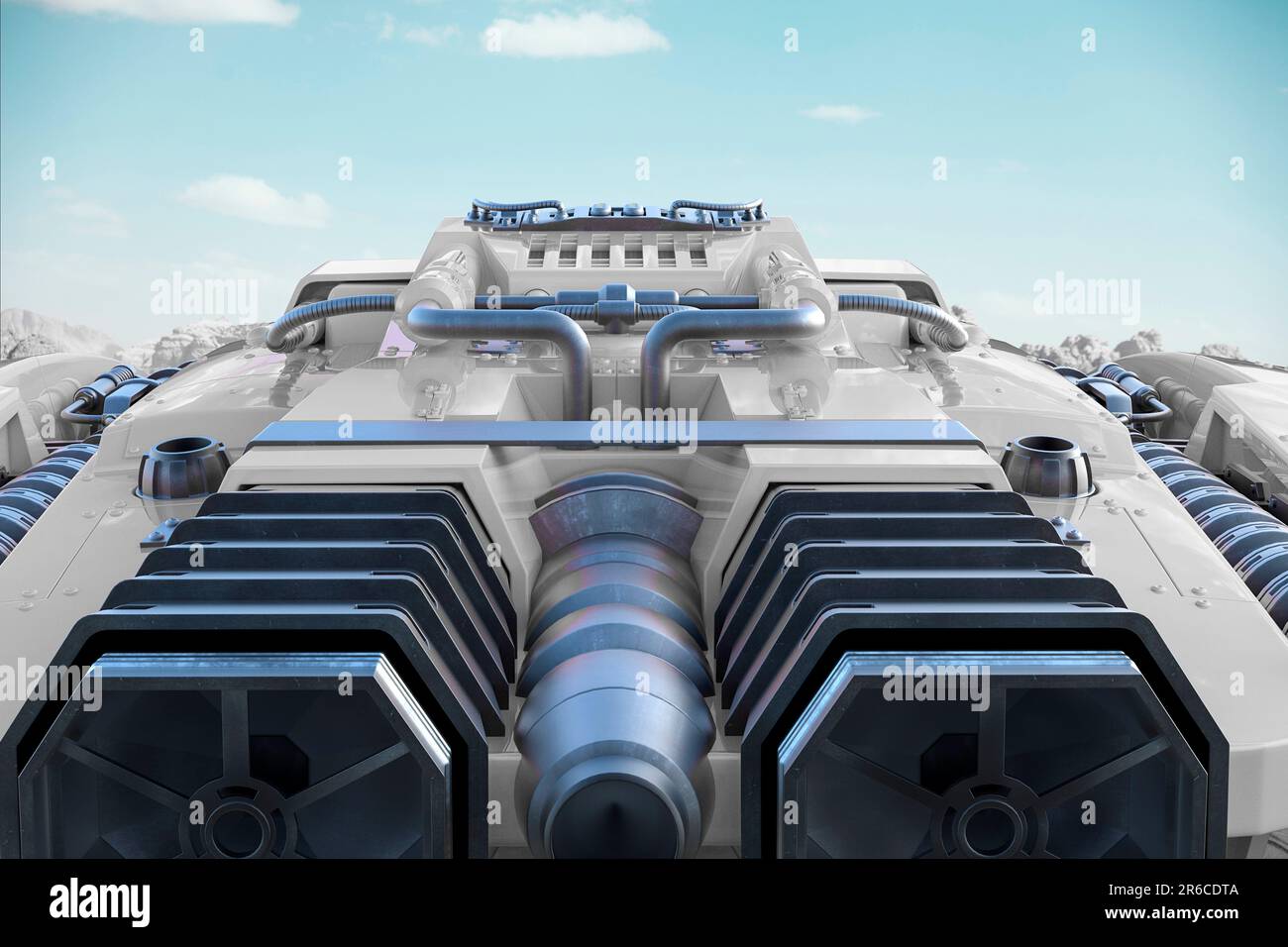 star ship floating on the desert close up rear view, 3d illustration ...