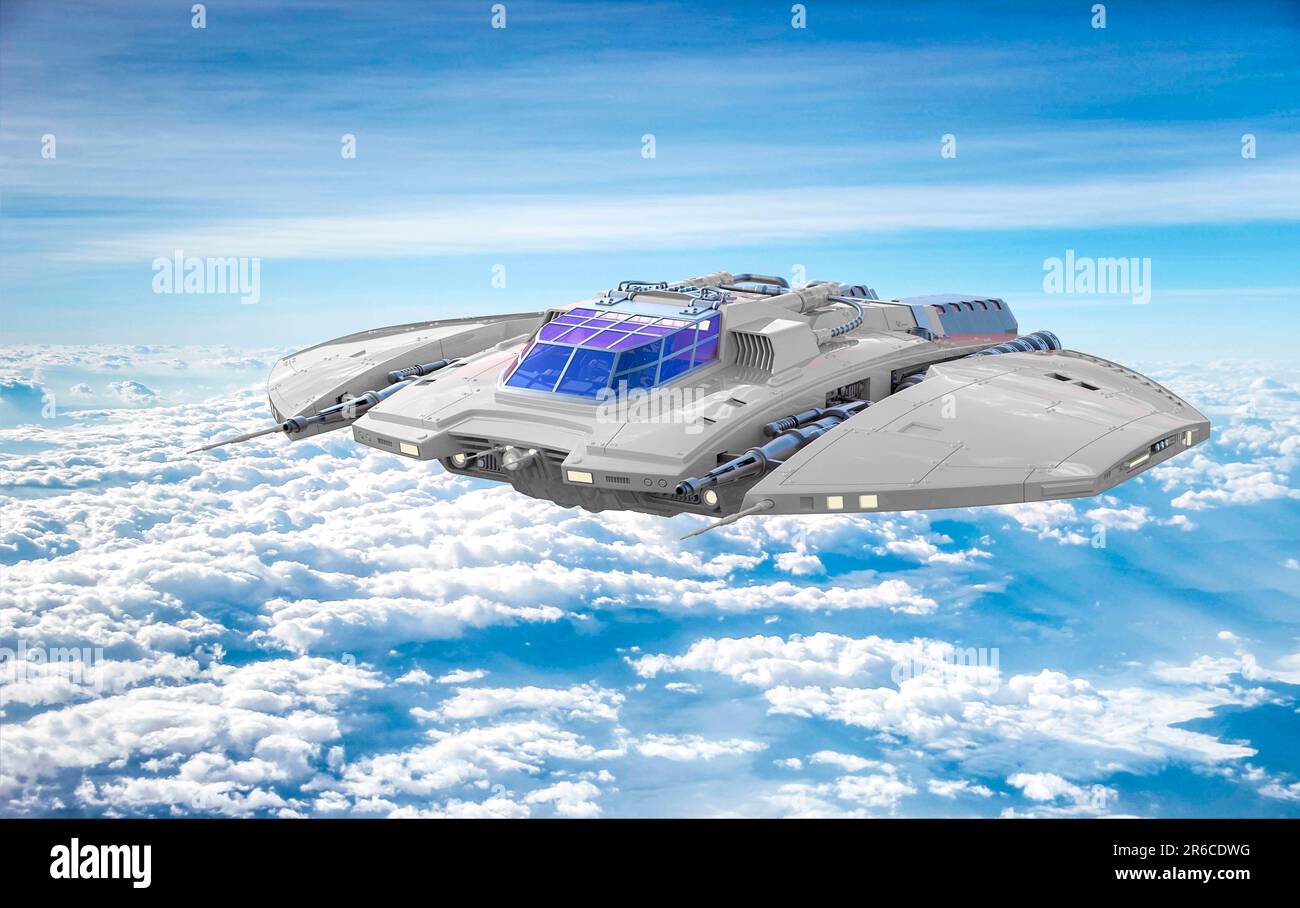 star ship flying above the clouds side view, 3d illustration Stock ...