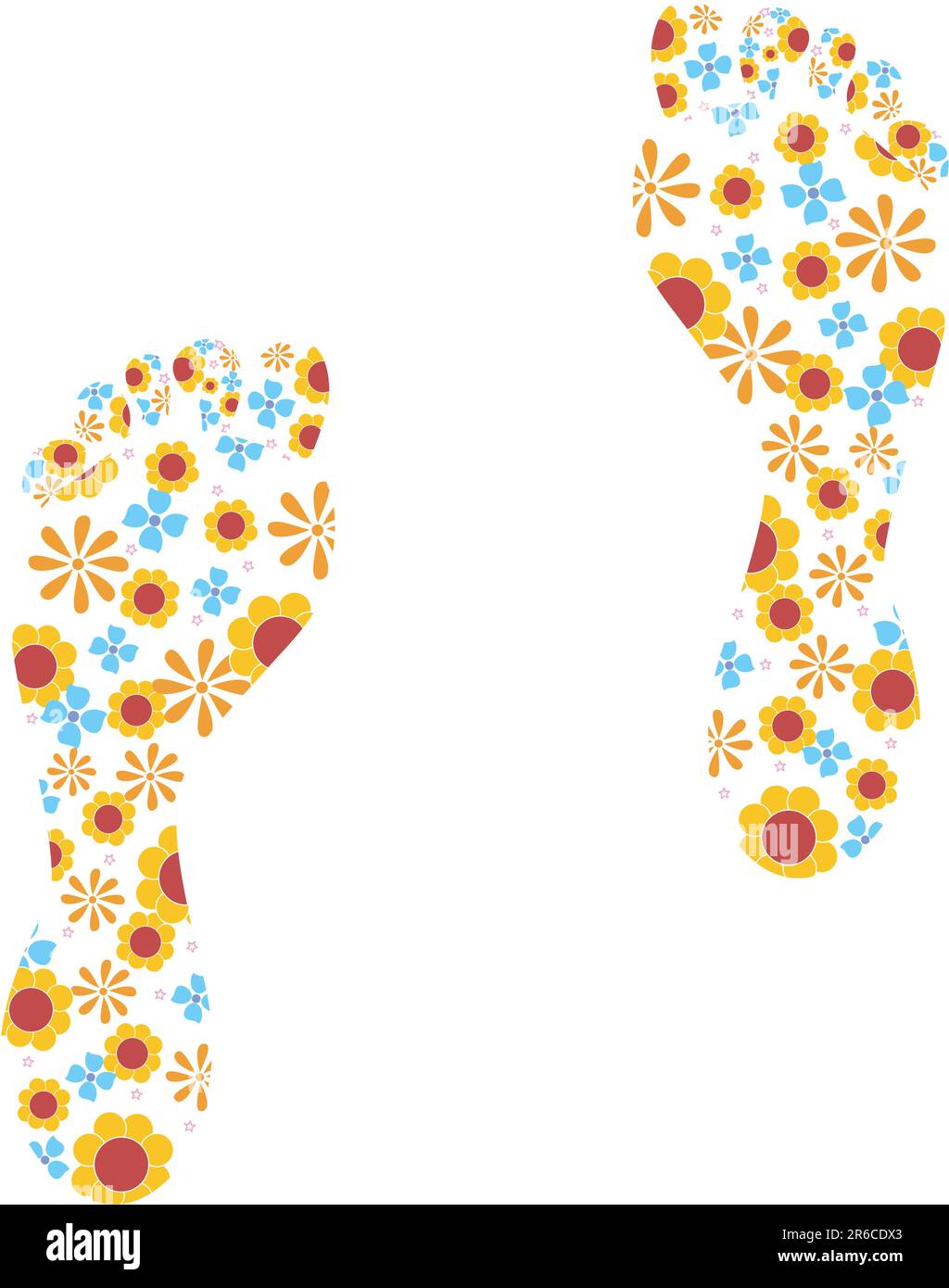 Vector illustration of brightly coloured, flower filled footprints ...