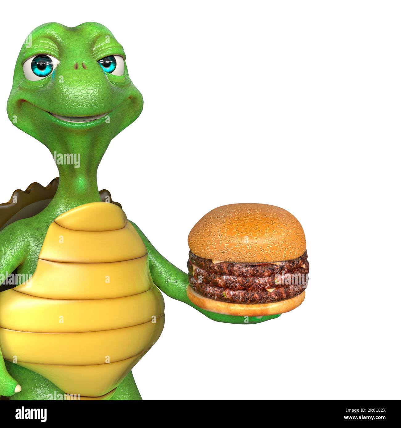 turtle cartoon is holding a triple burger close up, 3d illustration Stock Photo - Alamy