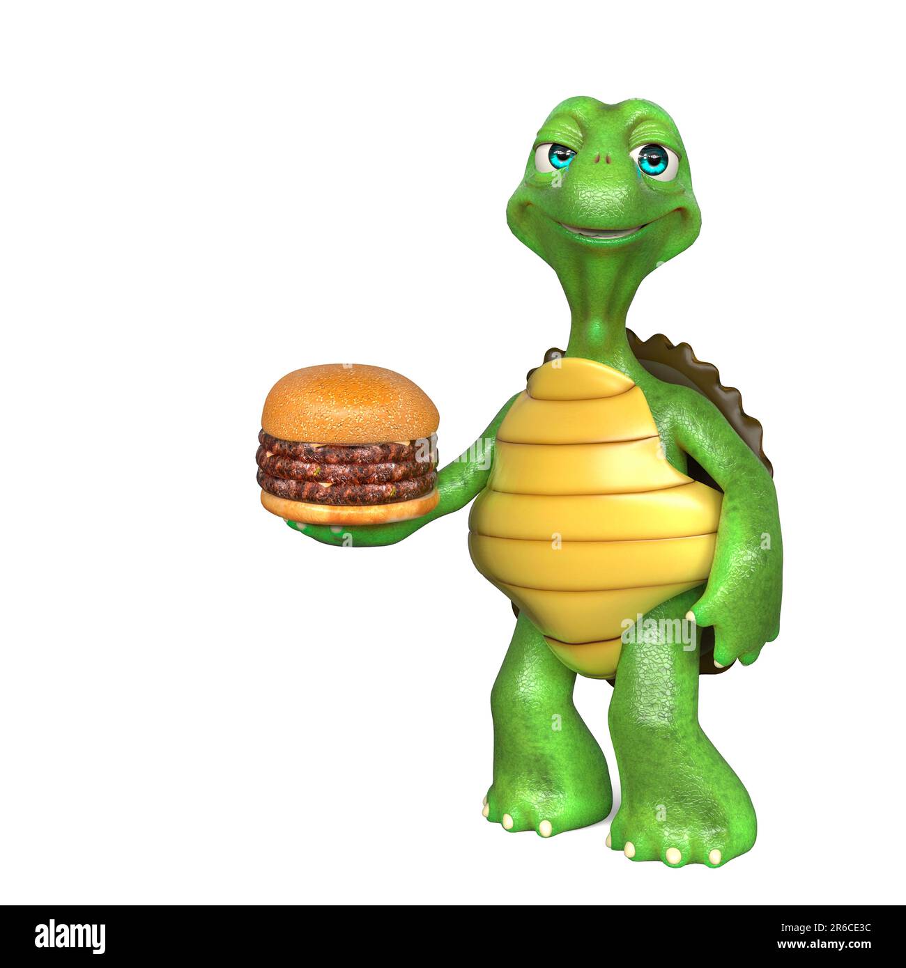 turtle cartoon is holding a triple burger, 3d illustration Stock Photo ...