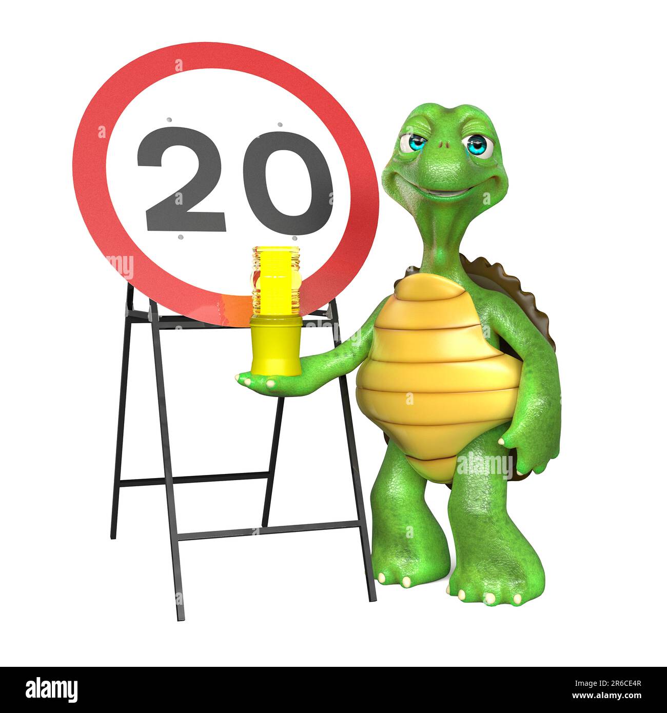 turtle cartoon holding a road lamp round next to a speed limit sign, 3d ...