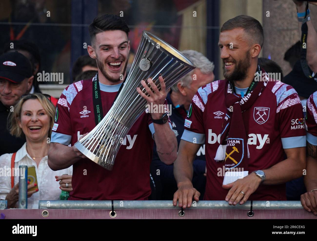 West Ham United's Declan Rice celebrates with the trophy at the Old ...