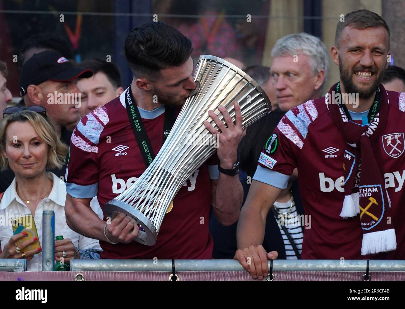 West Ham United's Declan Rice kisses the trophy at the Old Town Hall in ...