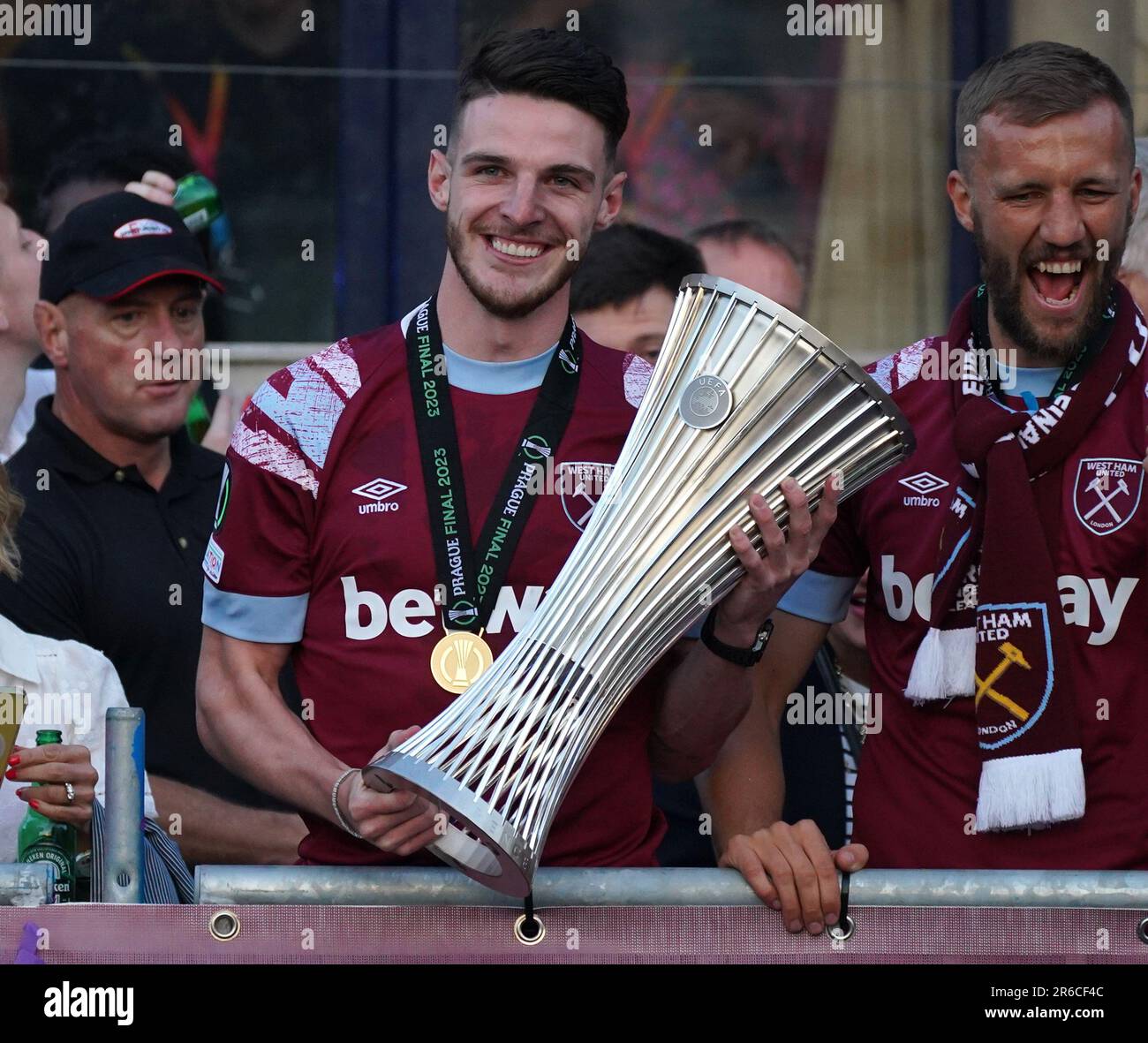 West Ham United's Declan Rice celebrates with the trophy at the Old ...