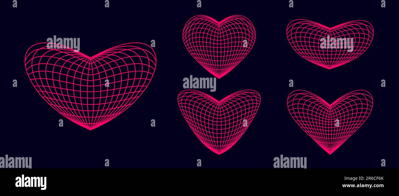 Pink wireframe heart shapes set. Grid design element. Love or cardiology concept for posters ...