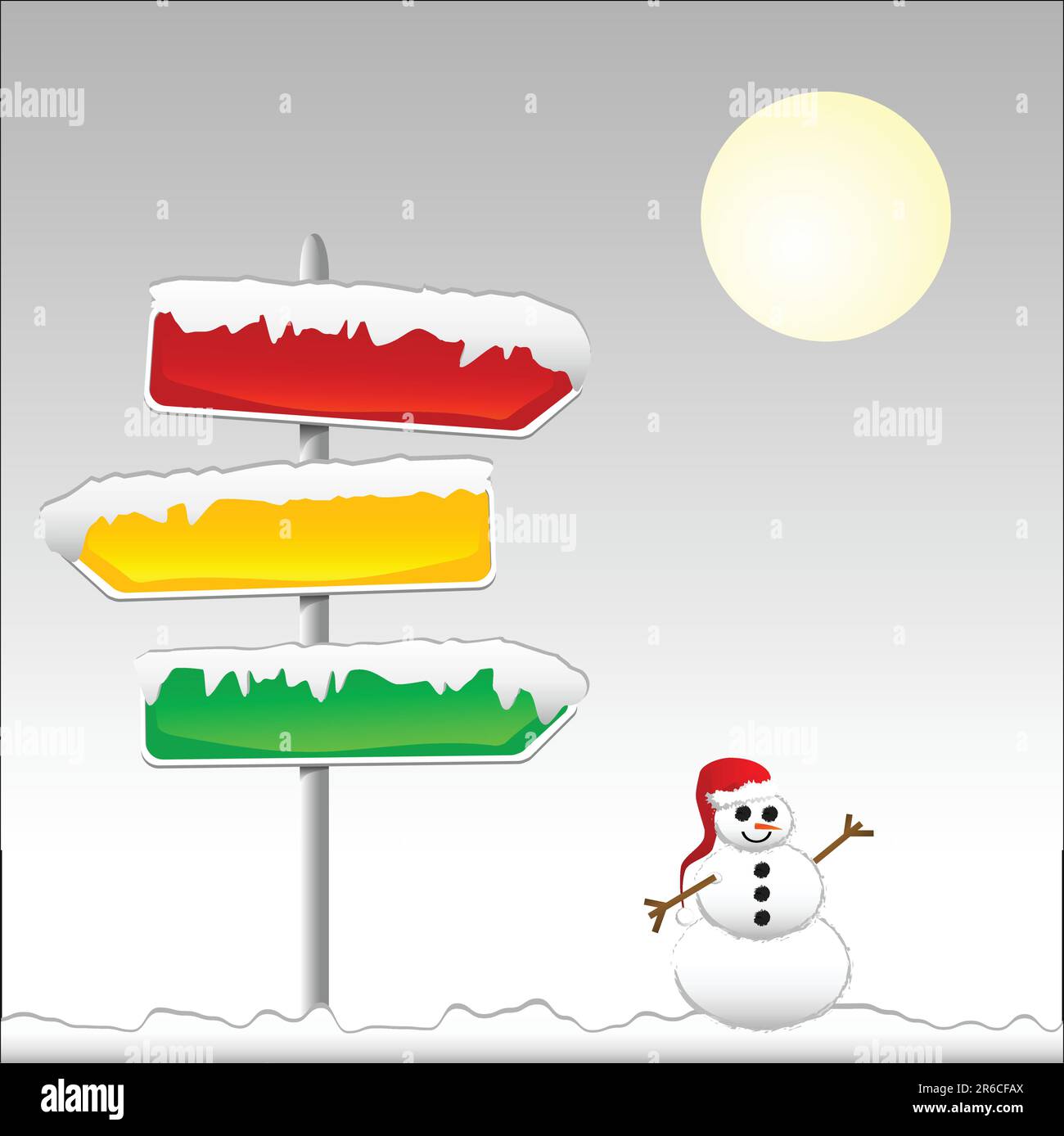 Road signs of different colors covered with snow and a snowman with a ...