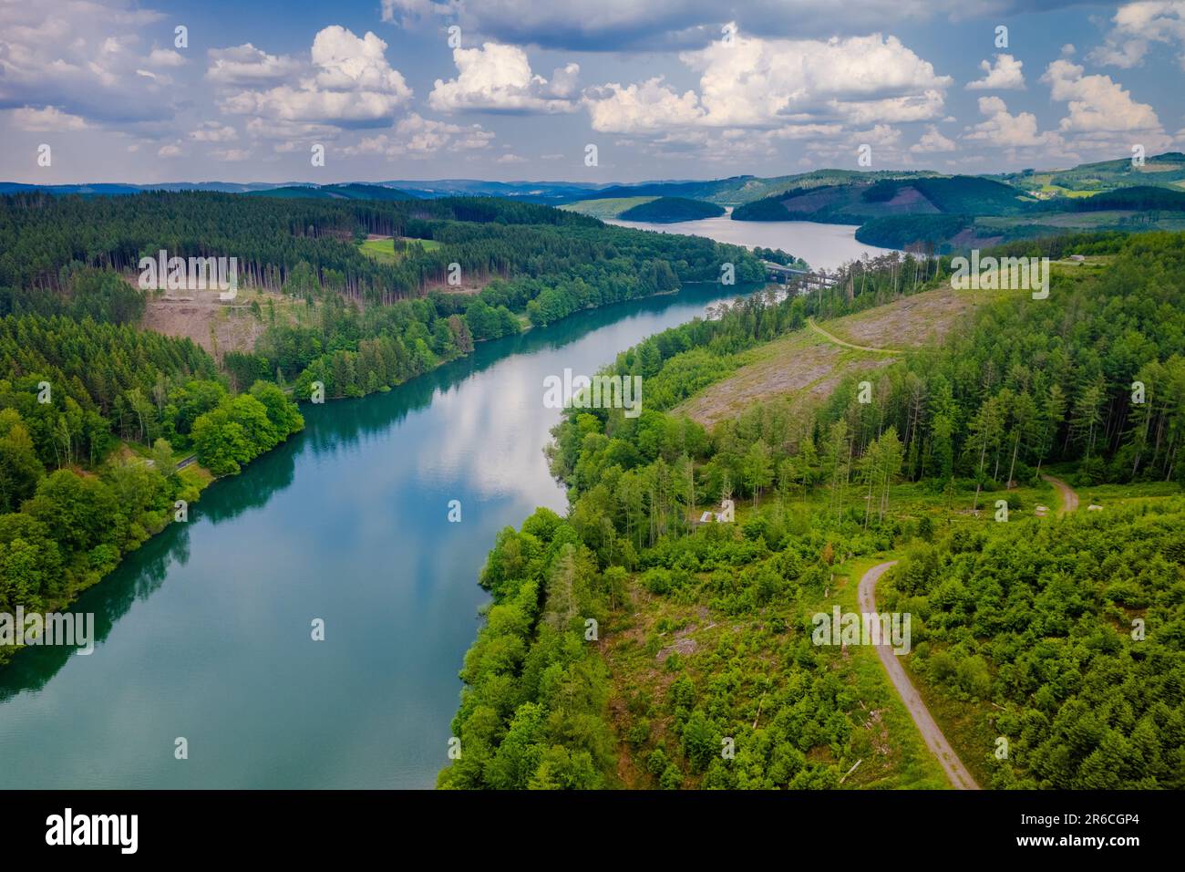 Aerial view of green summer forest and blue river, landscape Stock ...