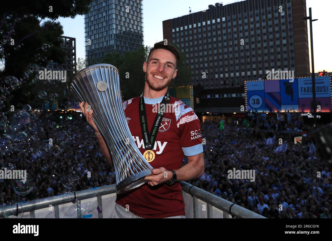 West Ham United's Declan Rice poses with the trophy at the Old Town ...