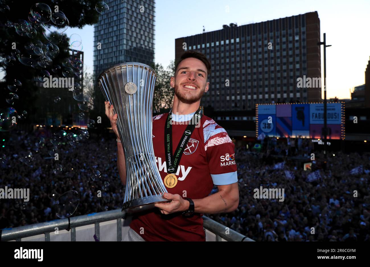 West Ham United's Declan Rice poses with the trophy at the Old Town ...