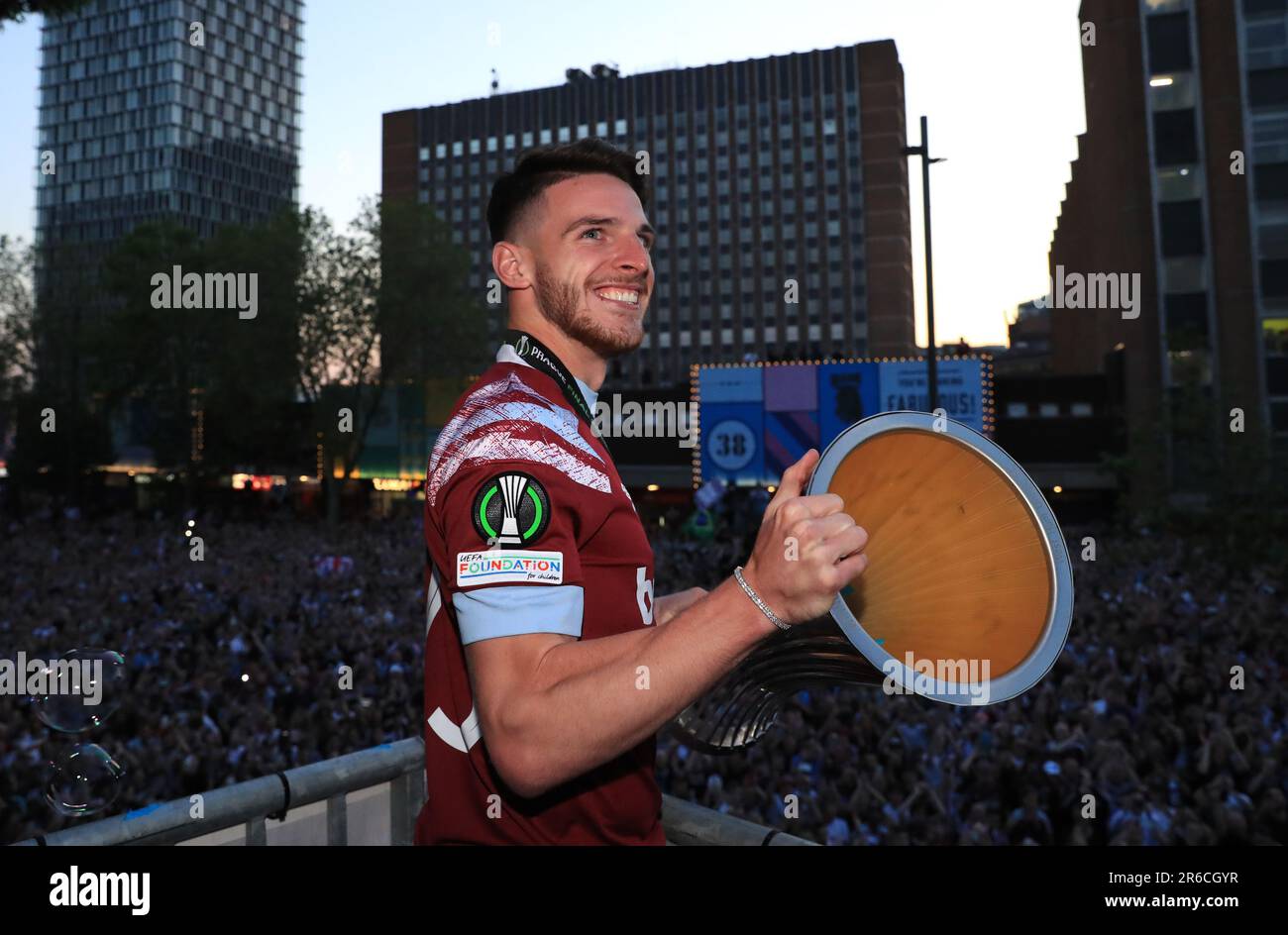 West Ham United's Declan Rice poses with the trophy at the Old Town ...
