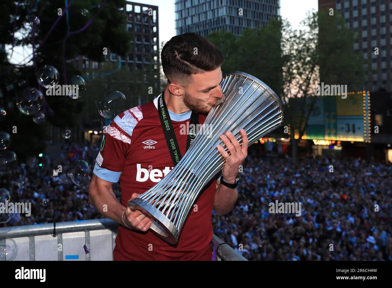 West Ham United's Declan Rice kisses the trophy at the Old Town Hall in ...