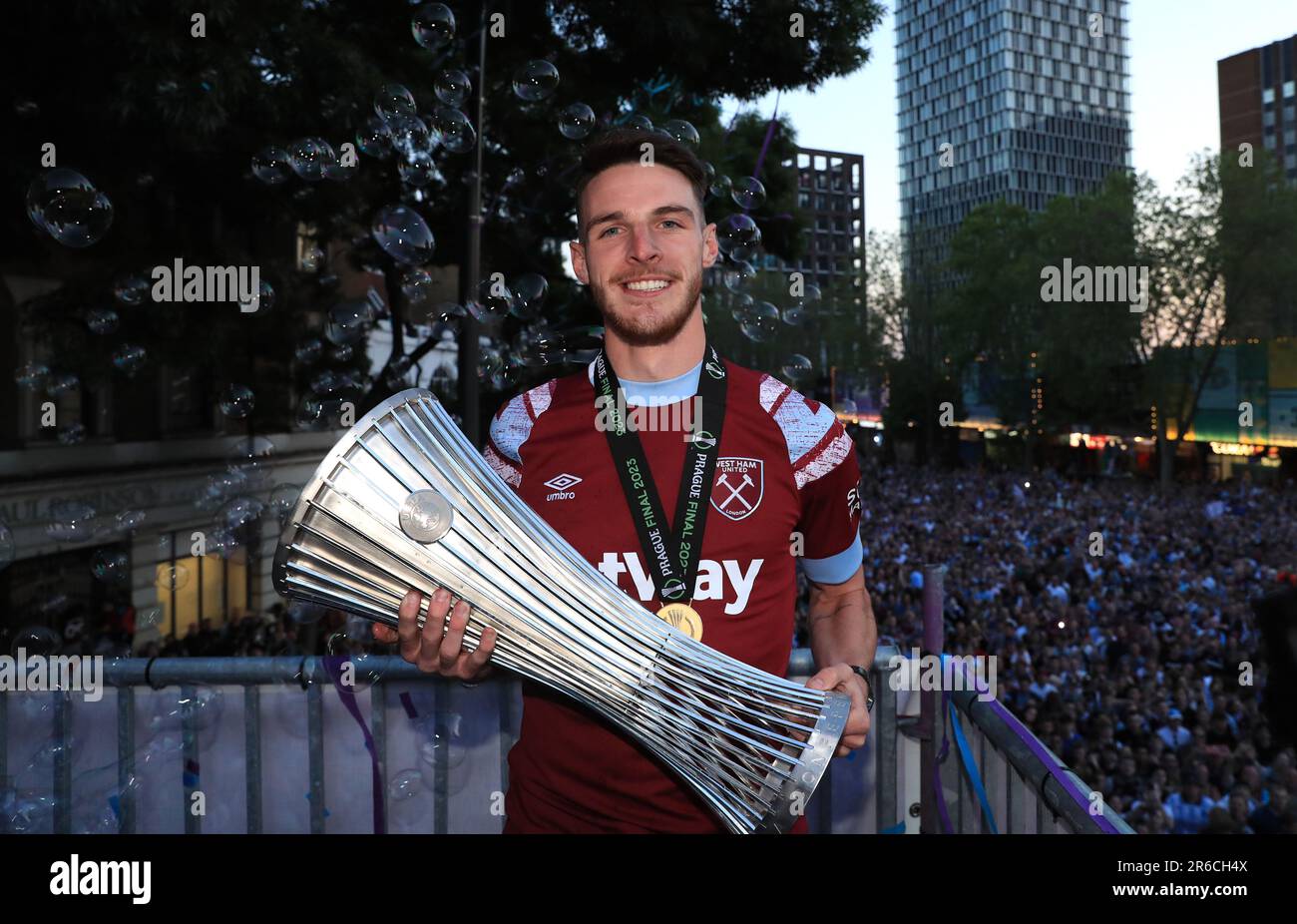 West Ham United's Declan Rice poses with the trophy at the Old Town ...