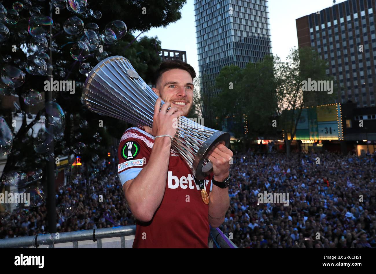 West Ham United's Declan Rice poses with the trophy at the Old Town ...